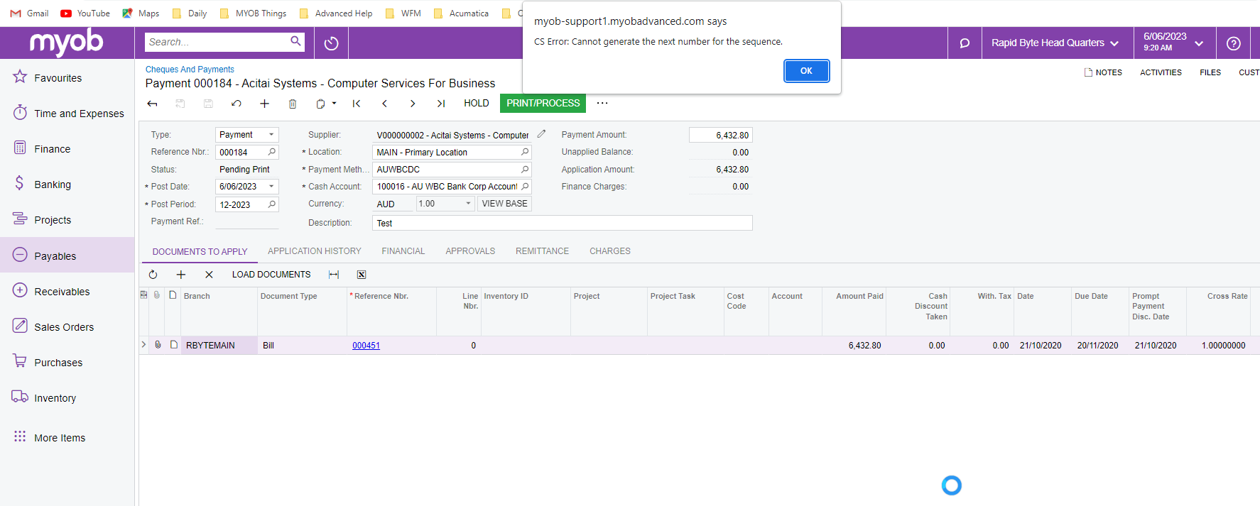 Error: "CS Error: Cannot generate the next number for the sequence" in payables